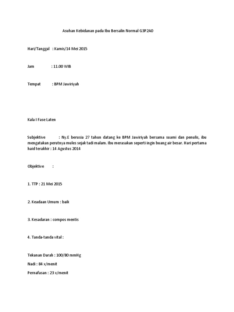 Asuhan Kebidanan Pada Ibu Bersalin Normal G3P2A0 | PDF | Kesehatan ...