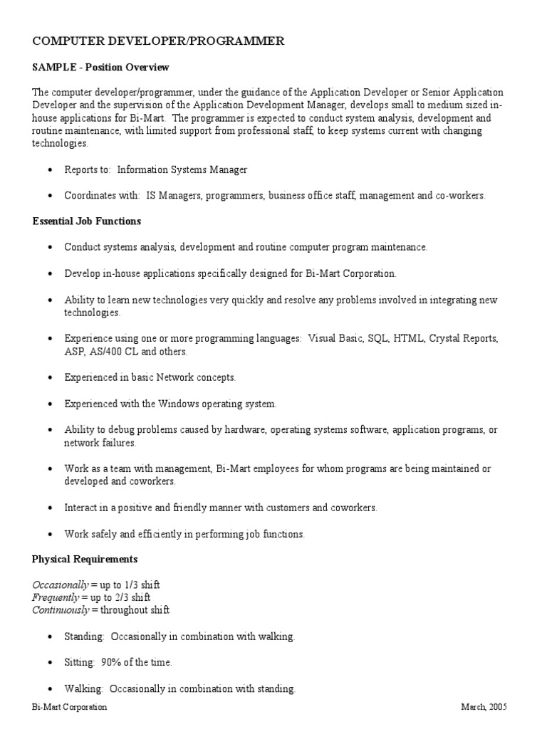 Computer Developer/Programmer: SAMPLE - Position Overview | PDF ...