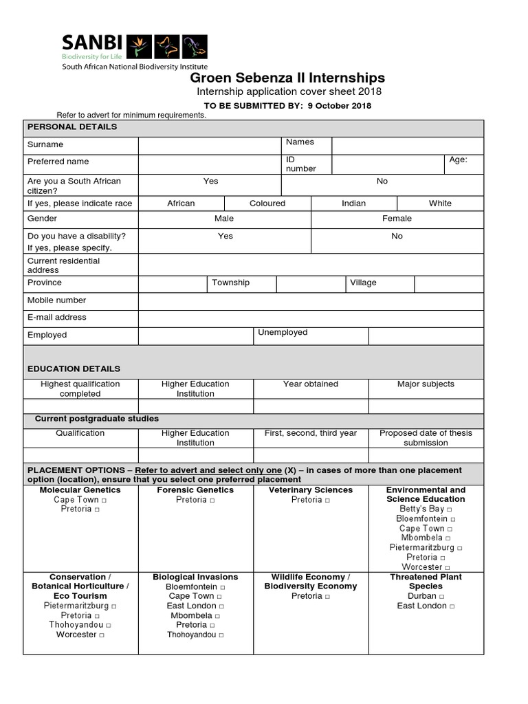 Groen Sebenza II Internship Form 2018 | PDF | Cape Town | Biodiversity