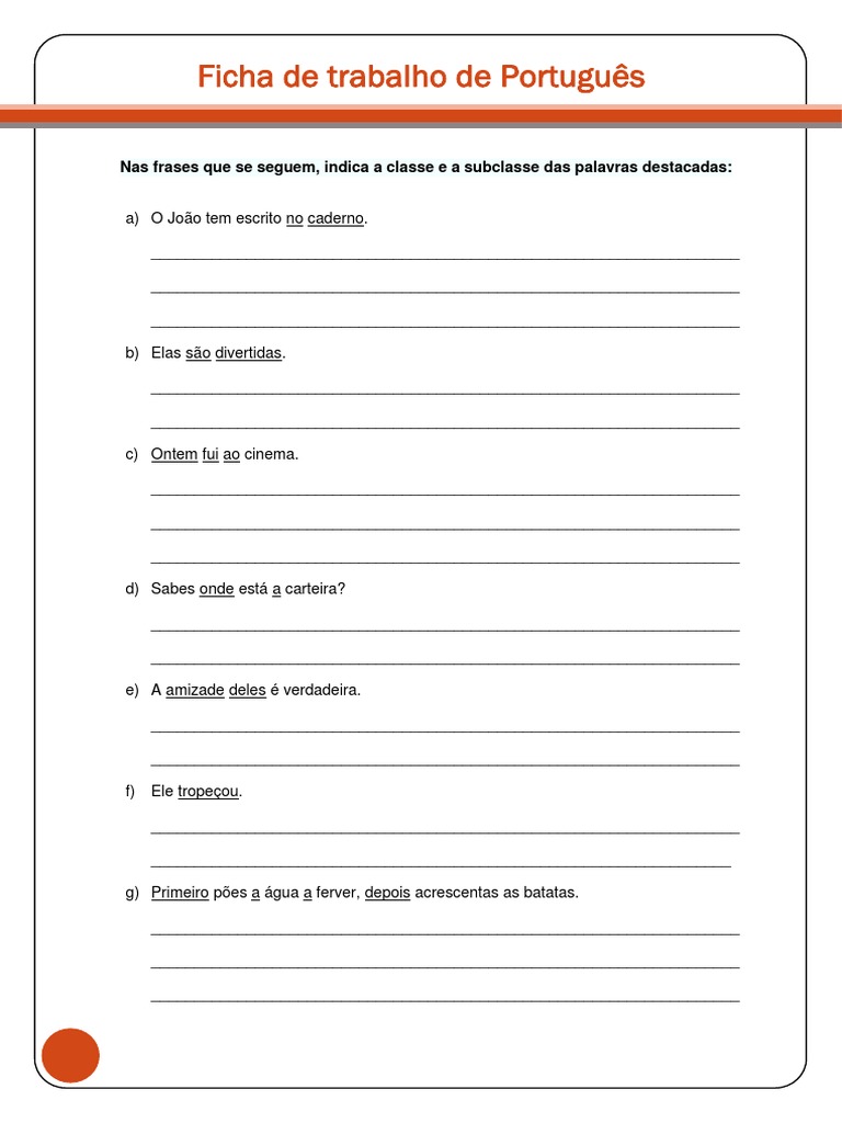Ficha de Trabalho de Português - 7º Ano Classes e Subclasses | PDF