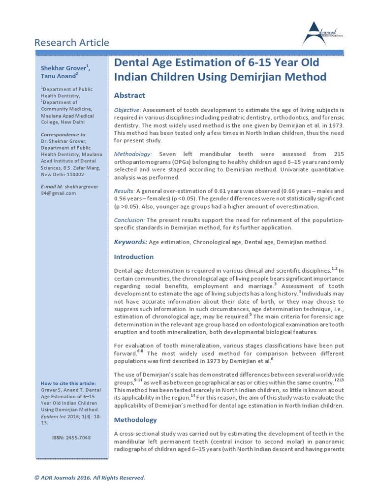 Dental Age Estimation of 6-15 Year Old Indian Children Using Demirjian Method | Orthodontics ...
