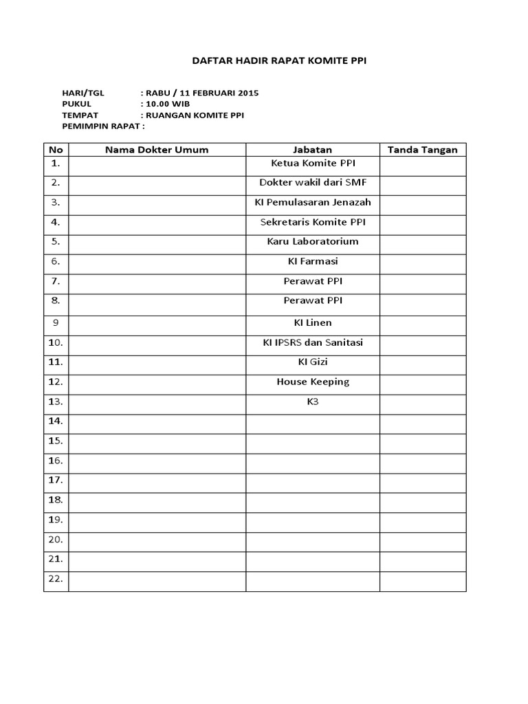 Contoh Daftar Hadir Rapat Komite Ppi | PDF Contoh Daftar Hadir Rapat Komite Ppi | PDF
