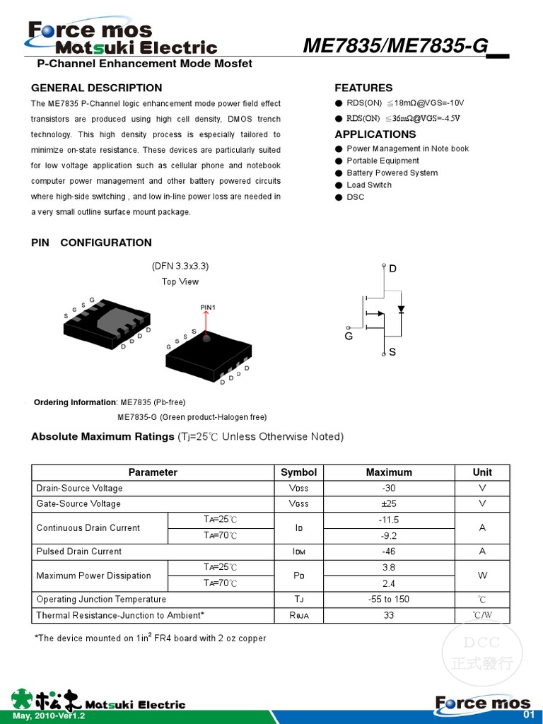 ME7835/ME7835-G: P-Channel Enhancement Mode Mosfet | Download Free PDF ...