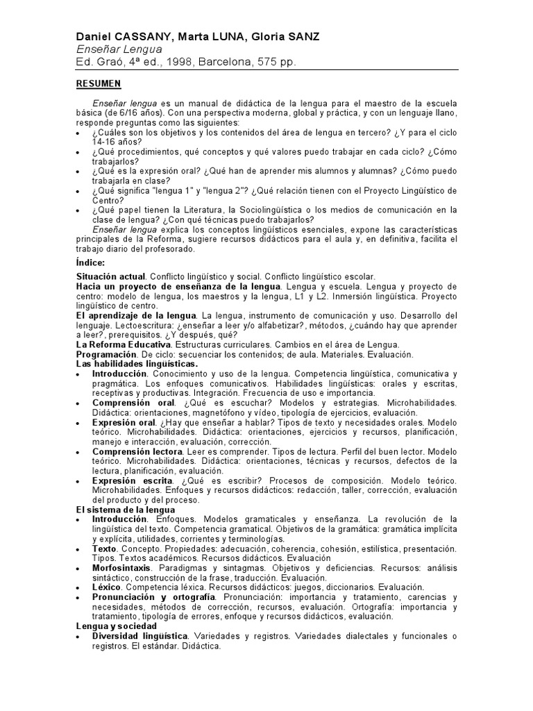 Daniel Cassany - Enseñar - Lengua PDF | PDF | Lectura (proceso) | Palabra