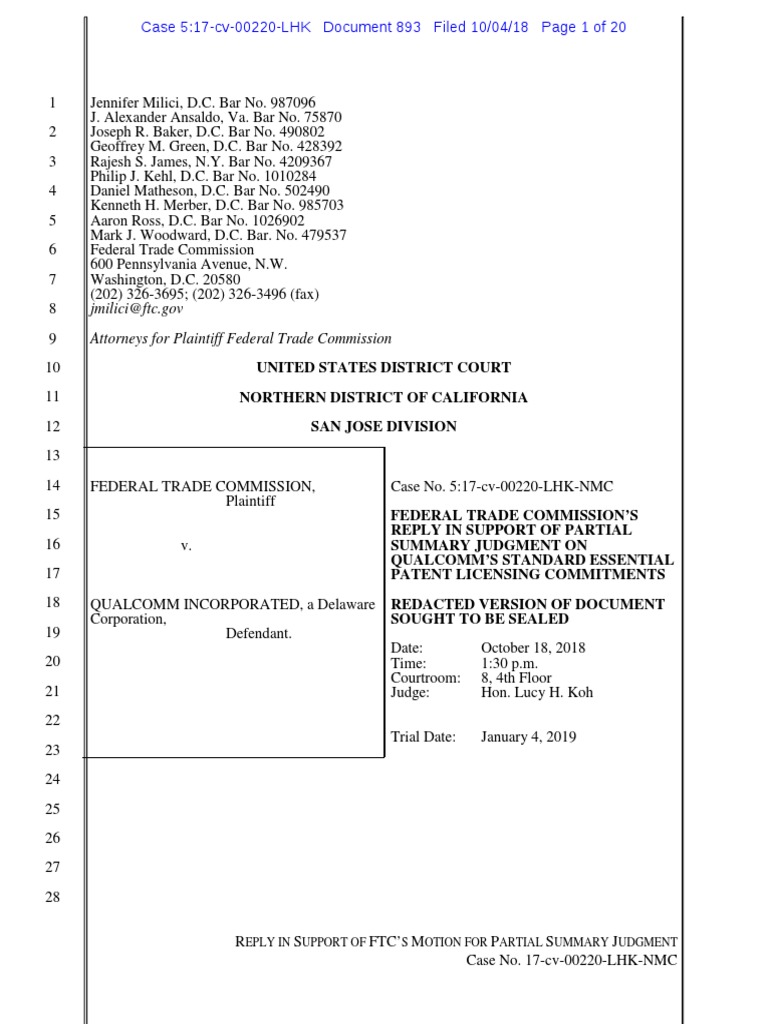 18-10-04 FTC Reply Iso Motion For Partial Summary Judgment | PDF ...