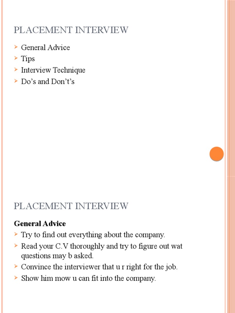 Placement Interview: General Advice Tips Interview Technique Do's and ...