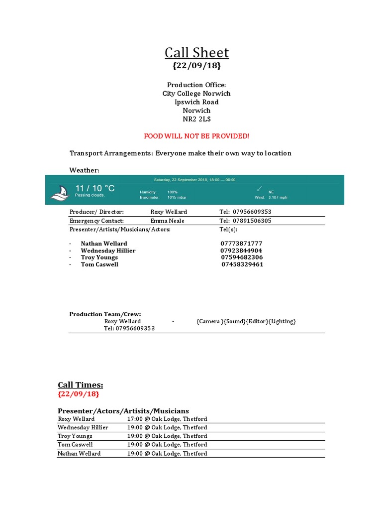 Call Sheet for Music Production Shoot | PDF