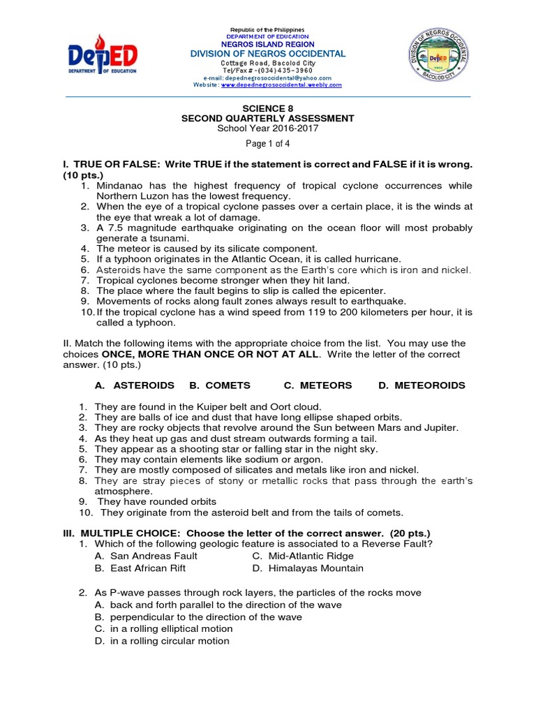 Grade 8 Science - Second Grading | PDF | Meteoroid | Tropical Cyclones
