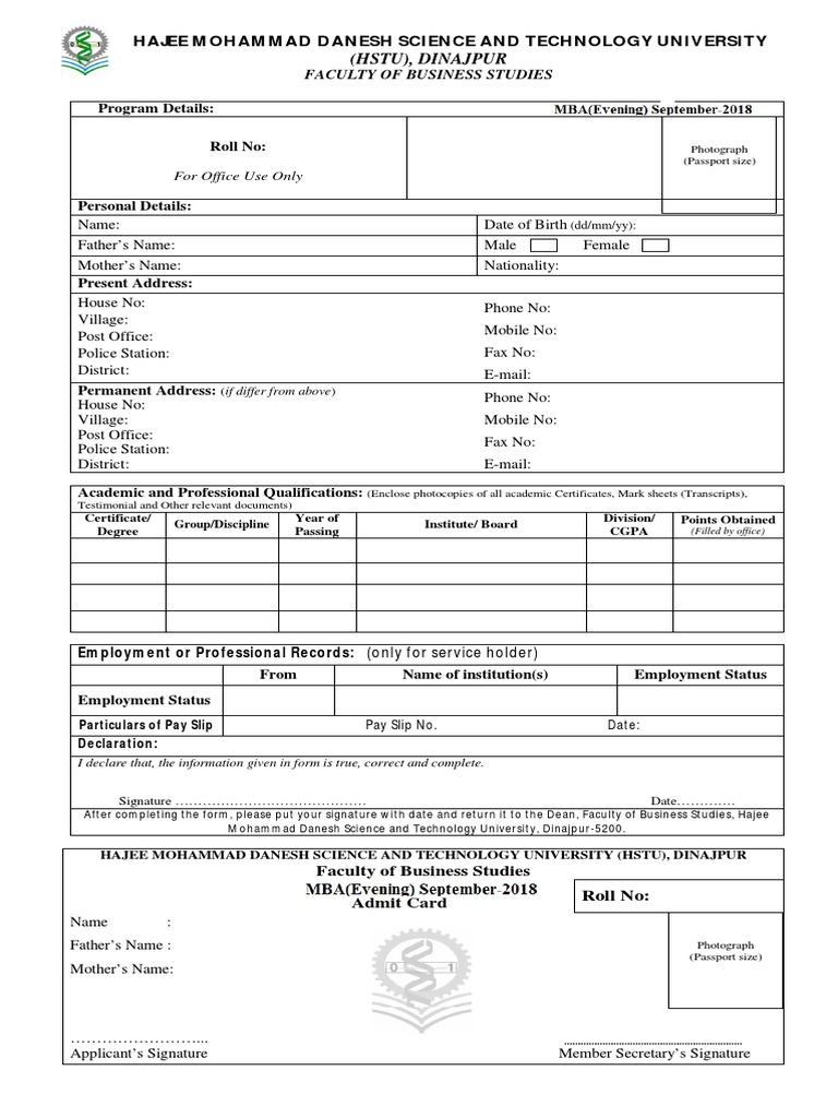 HSTU Application Form Mba (Evening) PDF | PDF | Government And ...