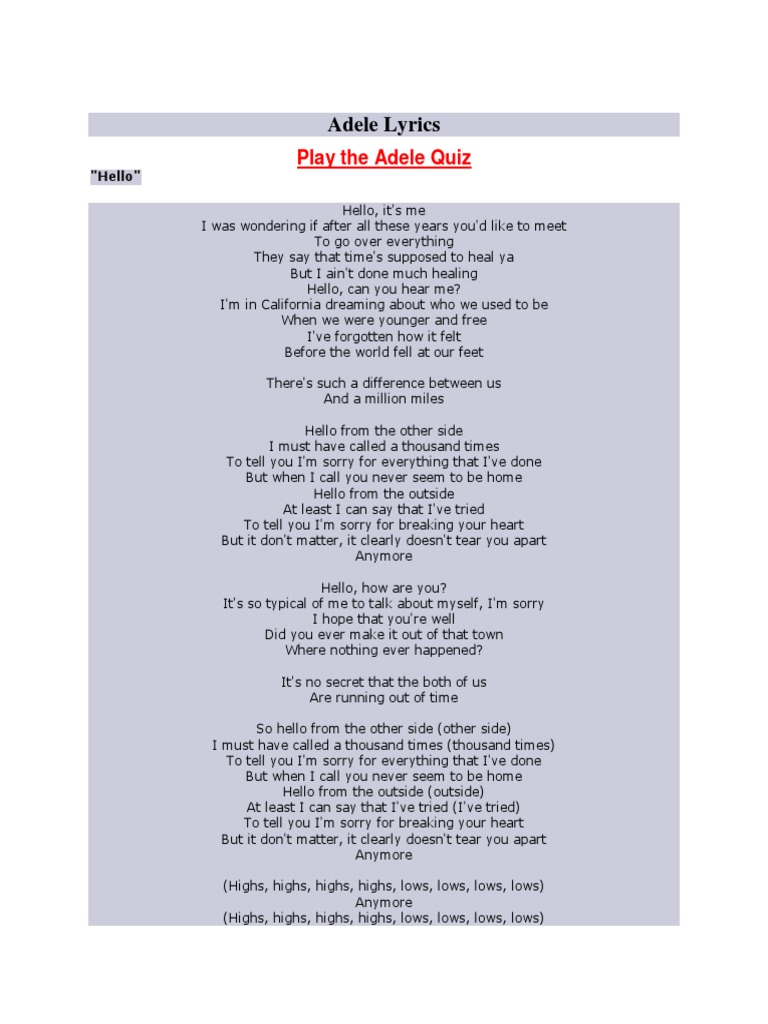 Adele Lyrics: Play The Adele Quiz | PDF | Leisure