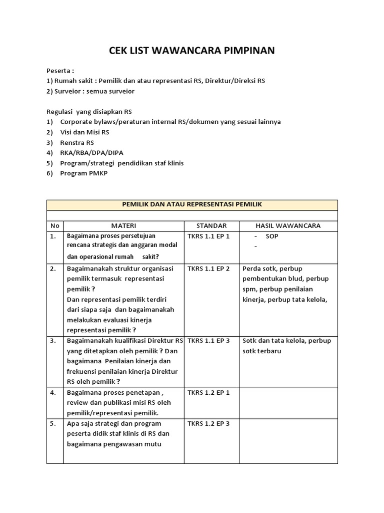 Cek List Wawancara Pimpinan | PDF