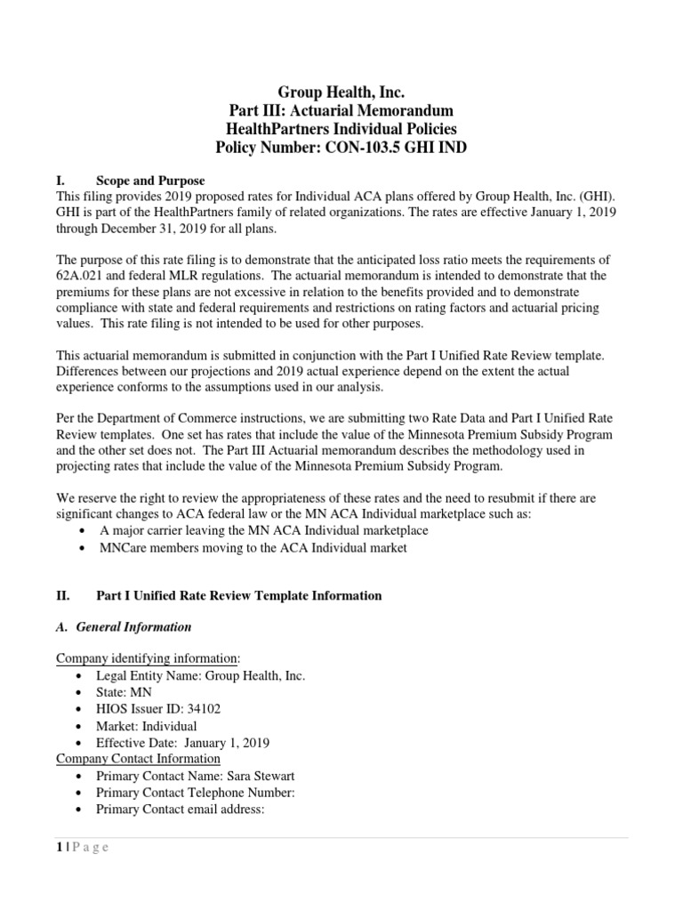 Group Health, Inc. Part Iii: Actuarial Memorandum Healthpartners ...