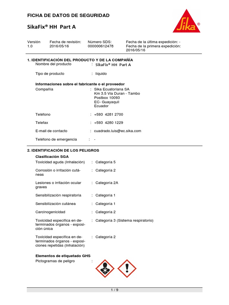 Sikafix HH Comp A MSDS | PDF | Alergia | Aerosol