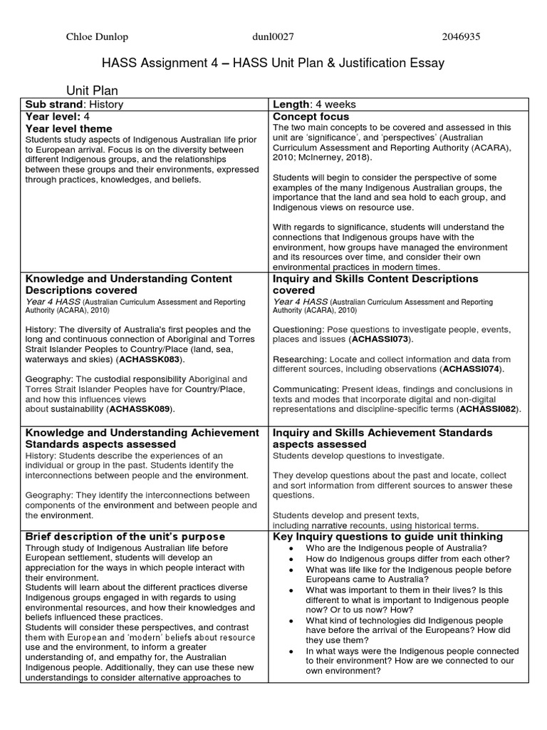 HASS Assignment 4 - HASS Unit Plan & Justification Essay Unit Plan ...