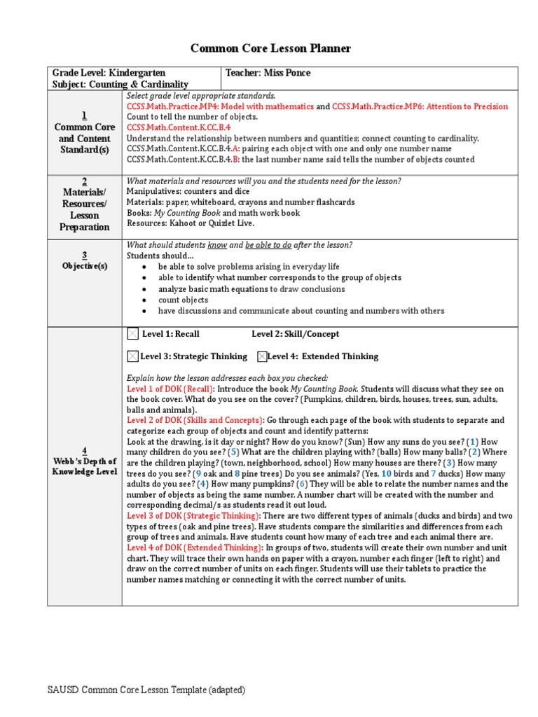 Common Core Lesson Planner: Grade Level: Kindergarten Subject: Counting ...
