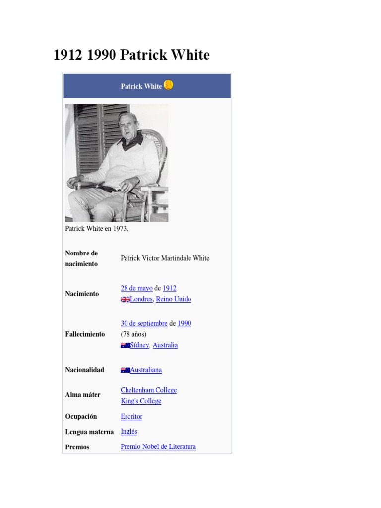 1912 1990 Patrick White Bio Australiano | PDF | Poesía