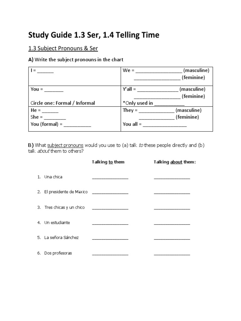 Study Guide: Subject Pronouns & Ser | PDF | Grammatical Conjugation ...