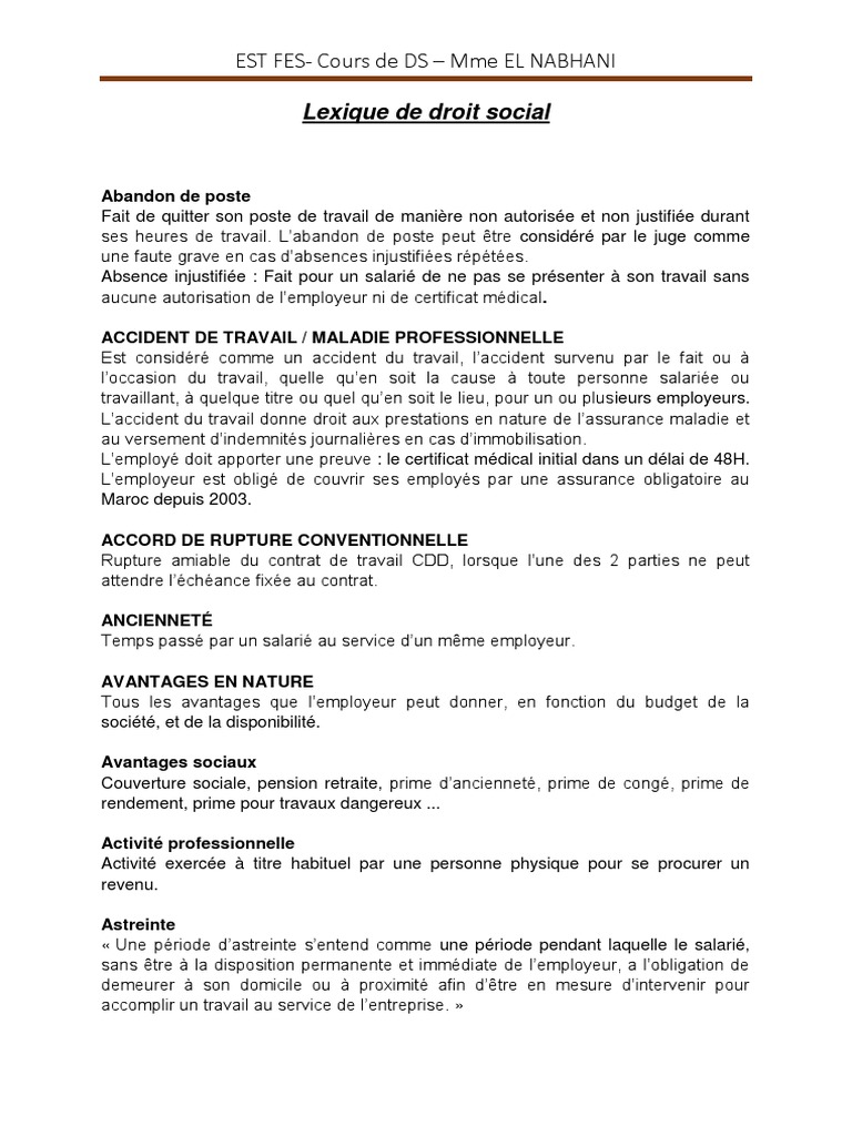 Lexique du Droit Social pour Étudiants | PDF | Statuts | Temps de travail