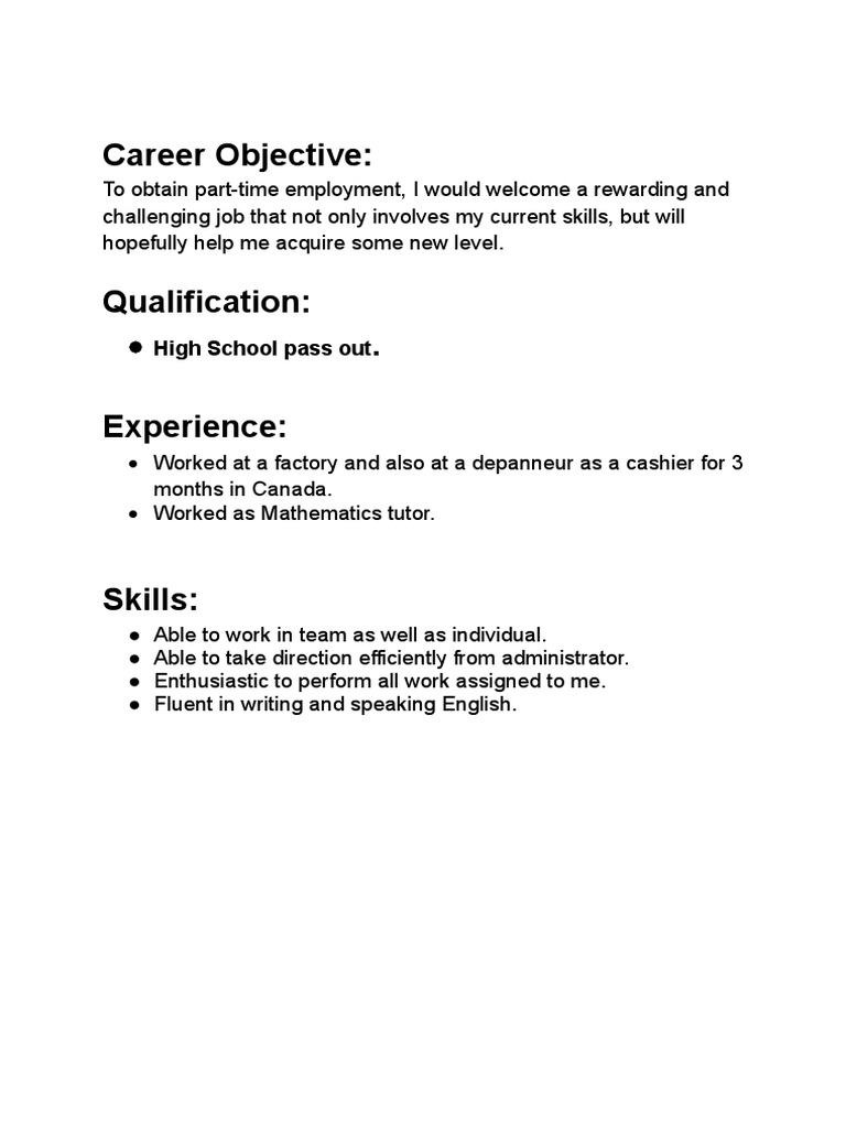 Career Objective:: High School Pass Out | PDF