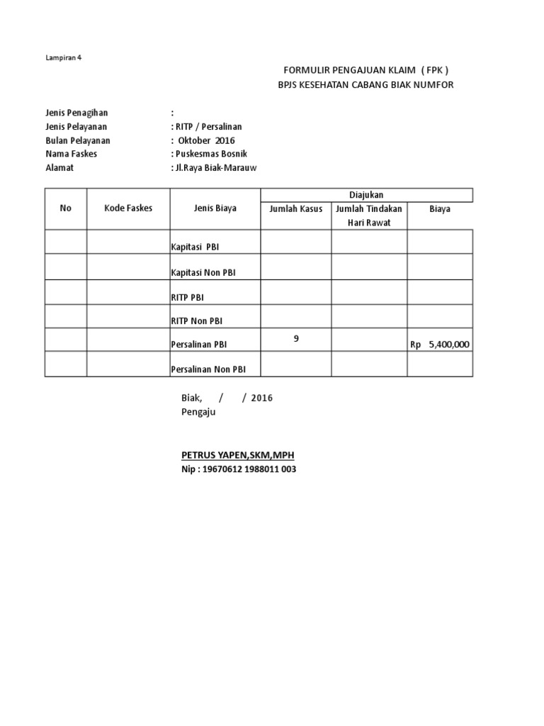 Formulir Pengajuan Klaim (FPK) Persalinan Bpjs | PDF