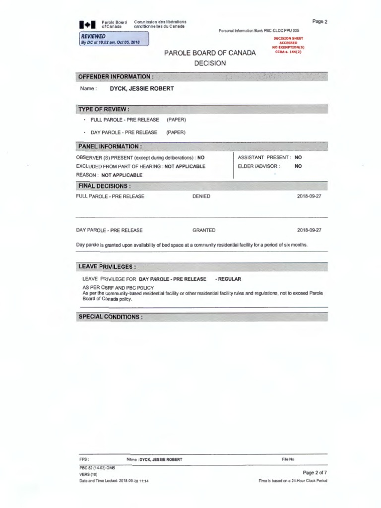 Parole Board Decision - Jessie Robert Dyck | Download Free PDF | Parole ...