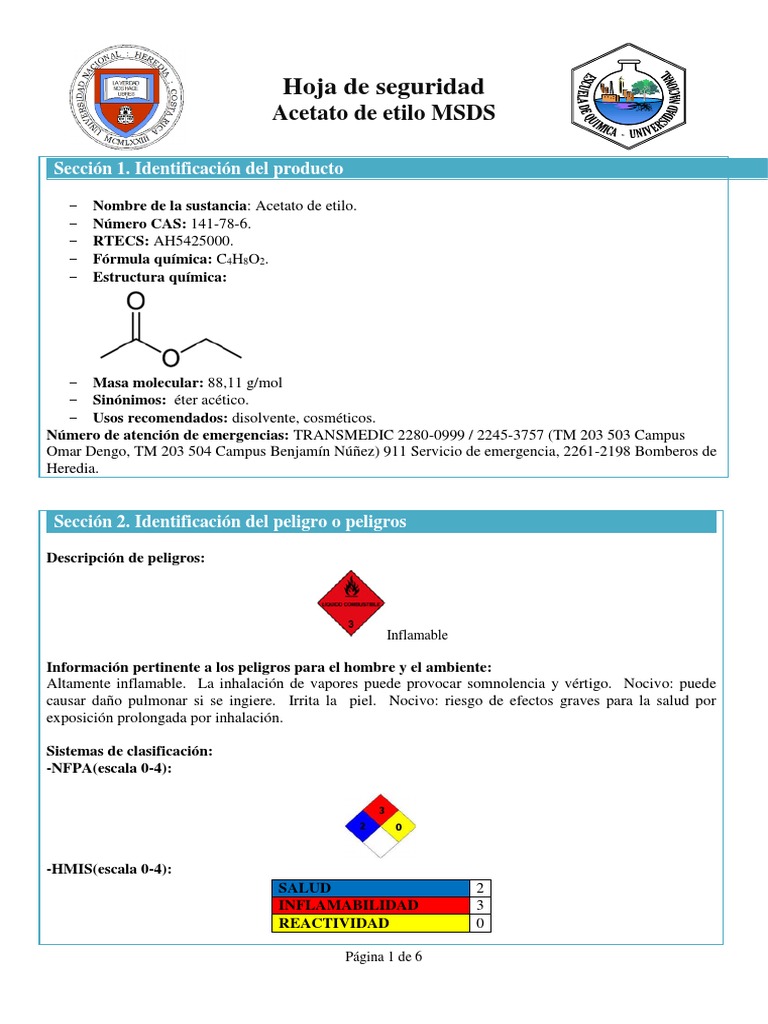 Hoja de Seguridad del Acetato de Etilo | PDF | Residuos | Agua