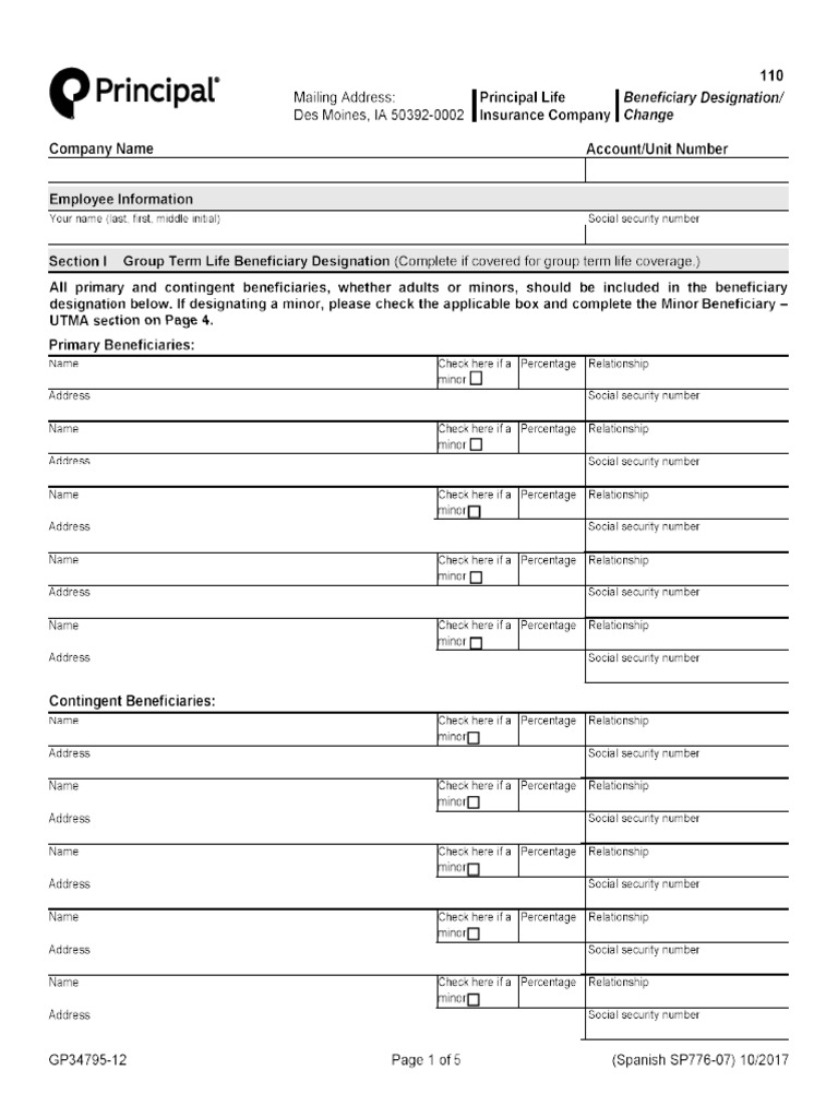 Beneficiary Designation or Change Form GP34795 PDF | PDF