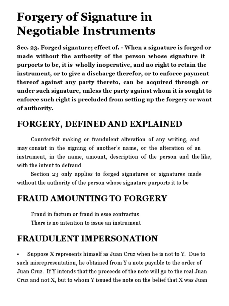 Forgery of Signature in Negotiable Instruments | PDF | Cheque ...