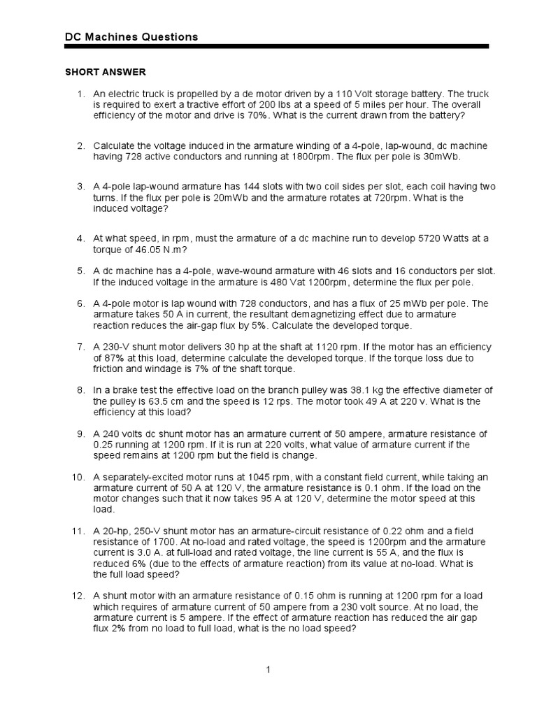 DC Machine Question Bank | PDF | Volt | Electric Generator