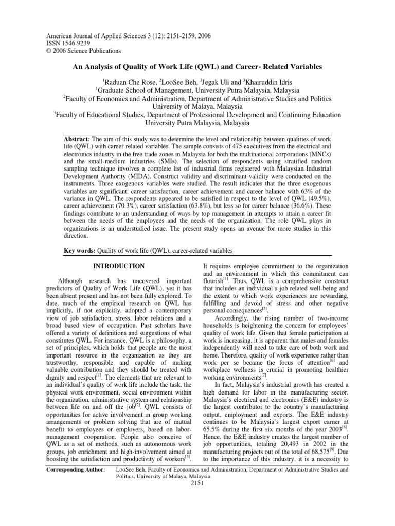 An Analysis of Quality of Work Life (QWL) and Career-Related Variables ...
