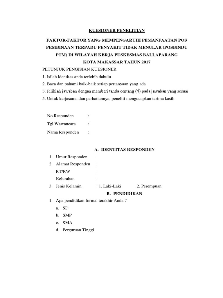 Contoh Kuesioner Penelitian | PDF