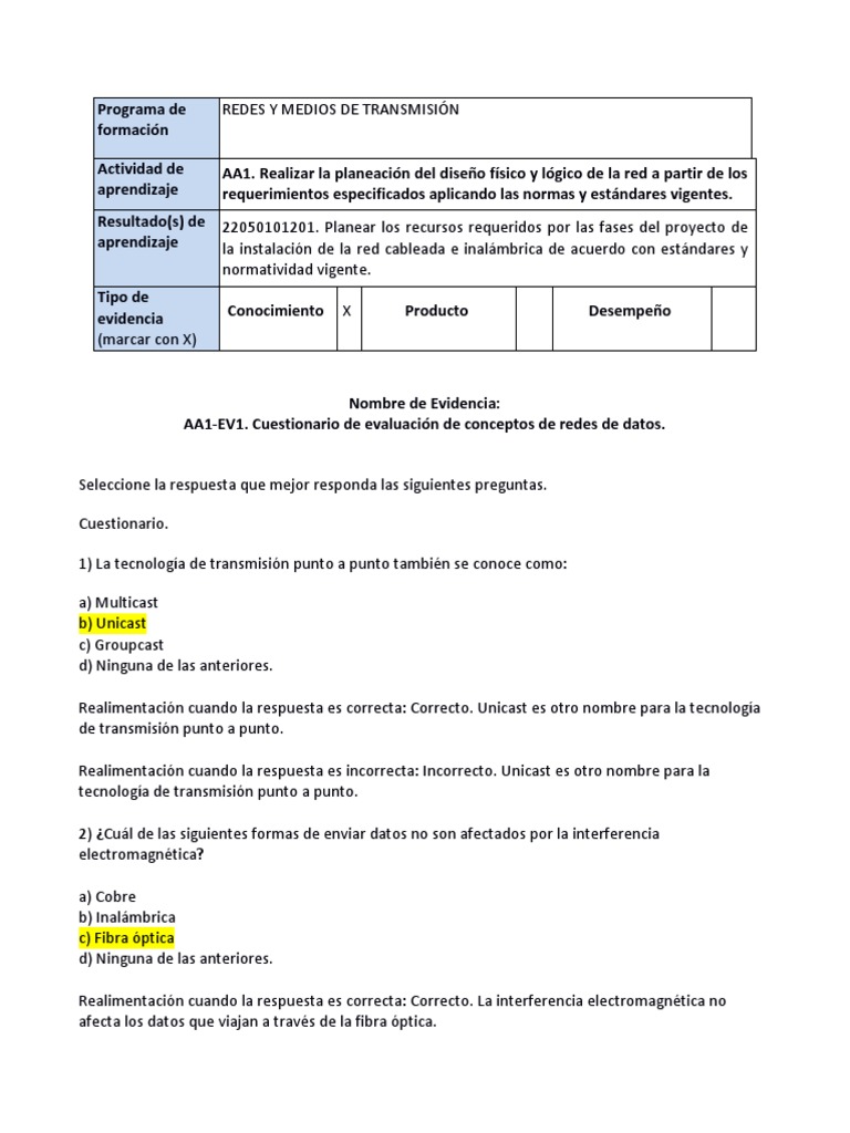 AA1-EV1. Cuestionario de Evaluación de Conceptos de Redes de Datos | PDF | Dirección IP | Red de ...