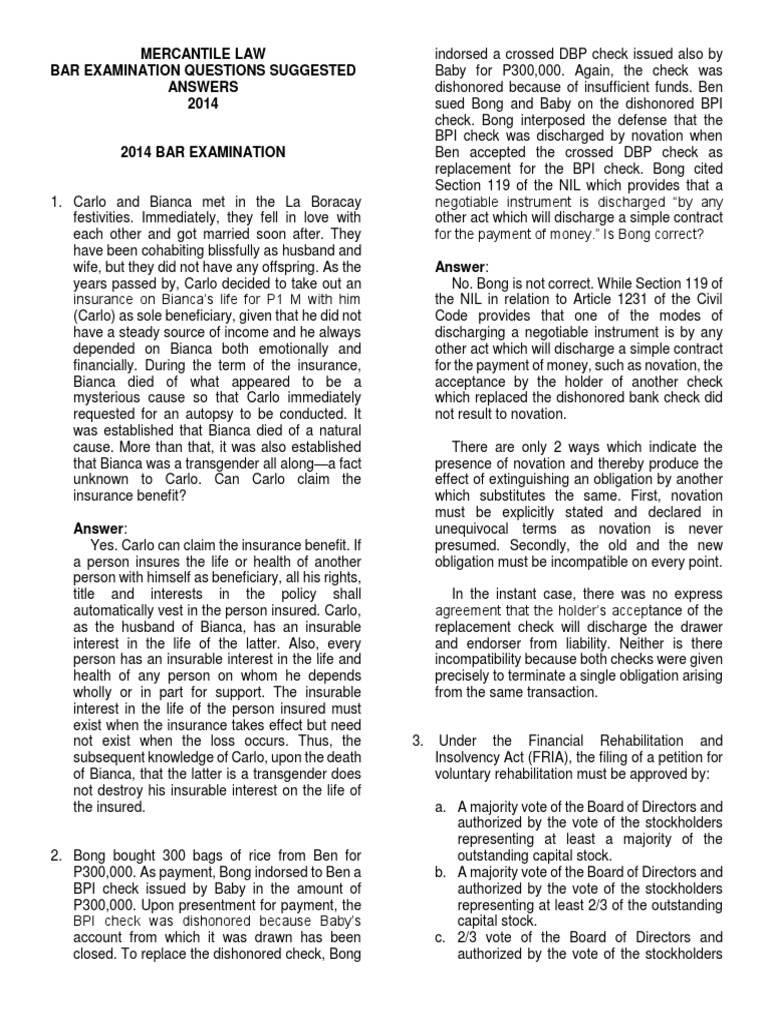 2014 Mercantile Law Bar Exam Questions | PDF | Insurance | Private Law