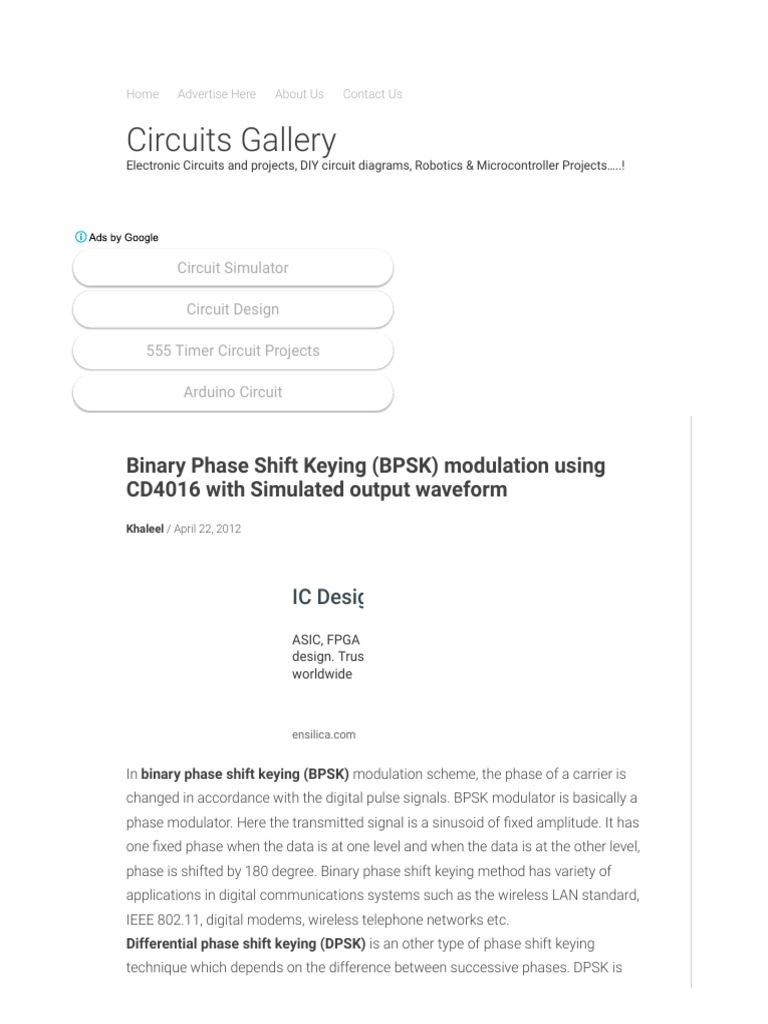 Binary Phase Shift Keying (BPSK) Modulation Using CD4016 With Simulated Output Waveform ...