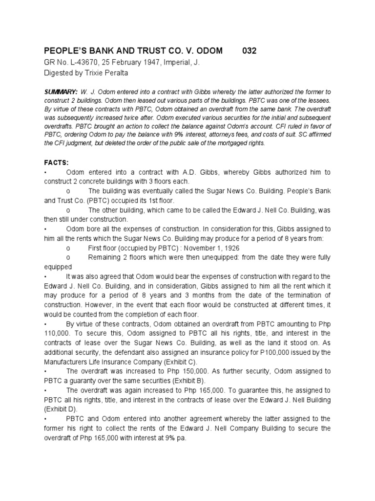 PBTC V Odom - Peralta | PDF | Overdraft | Guarantee