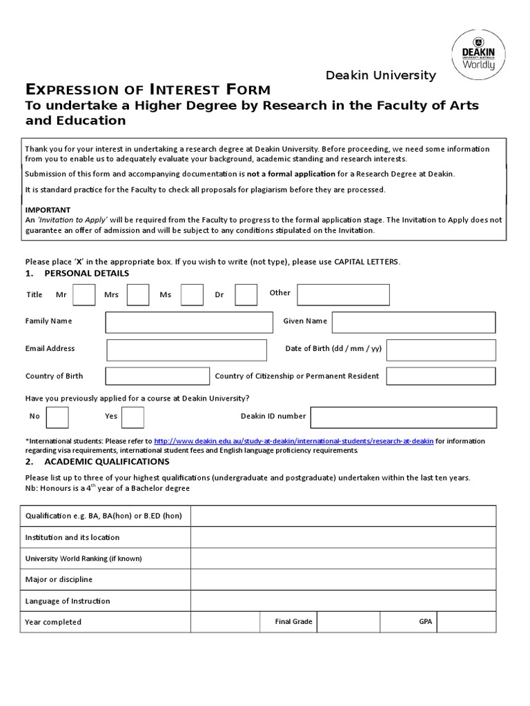 Arts and Edu Expression of Interest Form | PDF | Thesis | Postgraduate ...