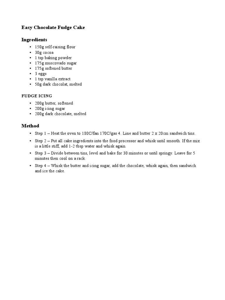 Easy Chocolate Fudge Cake Recipe | PDF