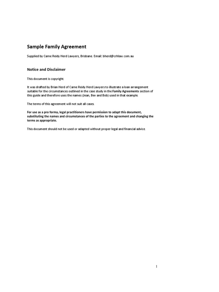 Sample Family Agreement1 PDF | PDF | Indemnity | Mediation