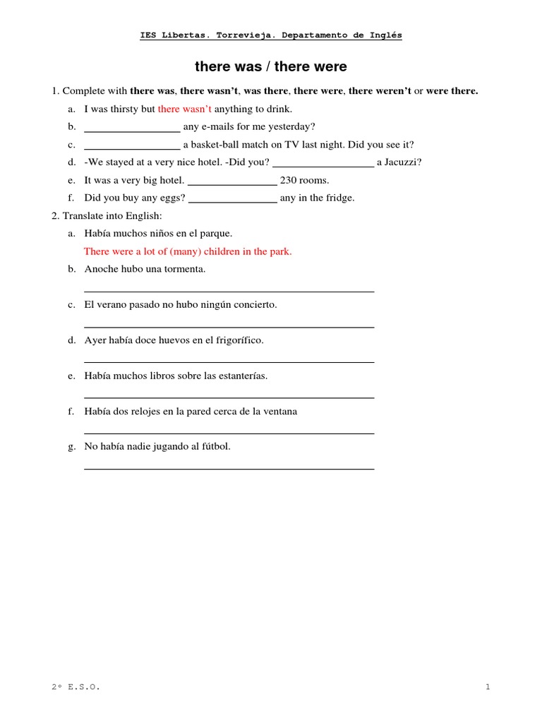 Exercises on "There Was/Were" | PDF