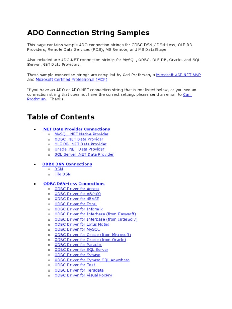 ADO Connection String Samples | Download Free PDF | Microsoft Access | Microsoft Sql Server
