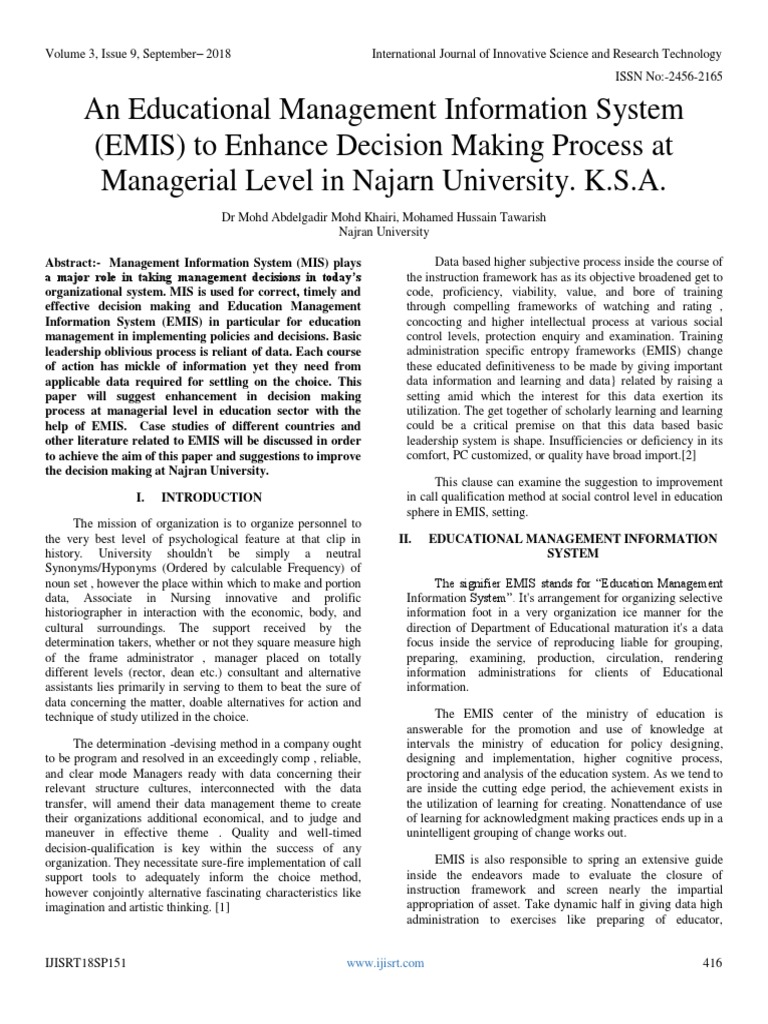 An Educational Management Information System (EMIS) To Enhance Decision ...