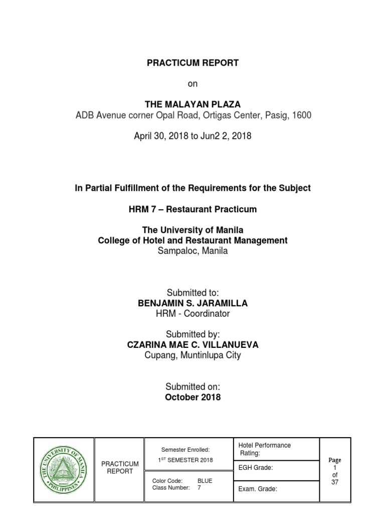 Practicum Report Template 2016 2 | PDF | Housekeeping | Hotel And Accommodation
