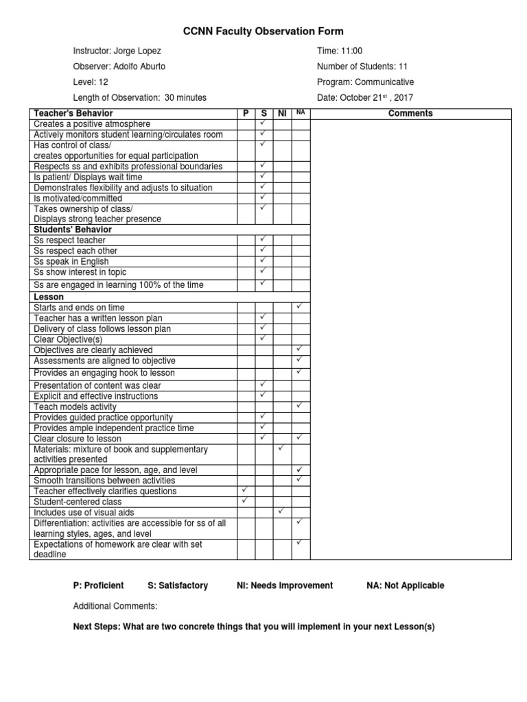 CCNN Faculty Observation Form | PDF | Lesson Plan | Teachers