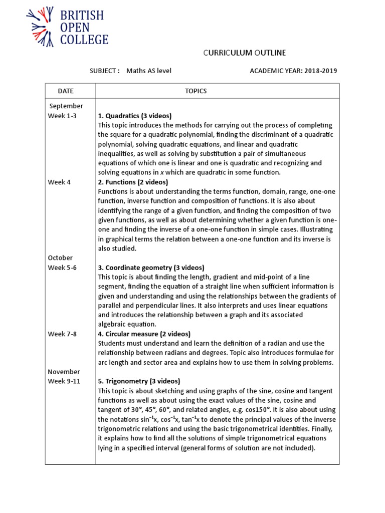 Curriculum Outline - Yr12 Math | PDF | Trigonometric Functions ...