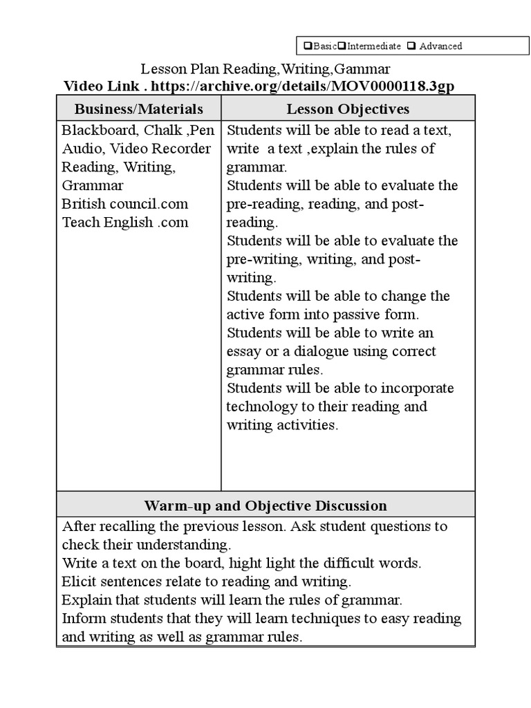Lesson Plan Reading Writing, Grammar | Download Free PDF | Homework ...