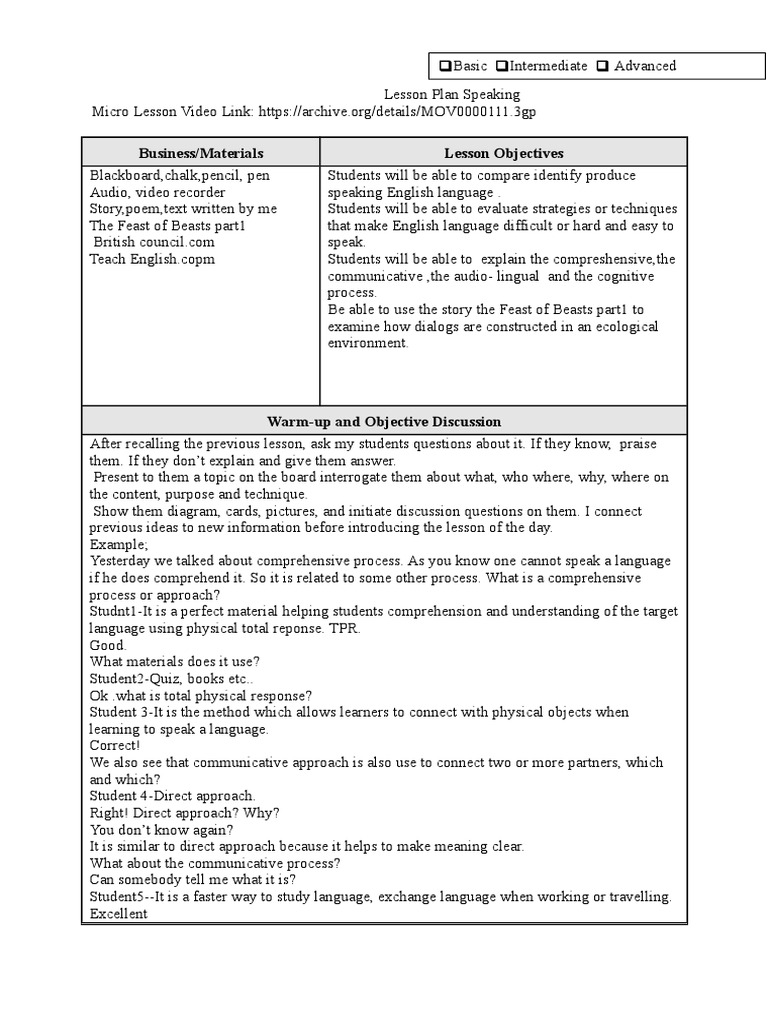 Lesson Plan Speaking | PDF | Question | Lesson Plan