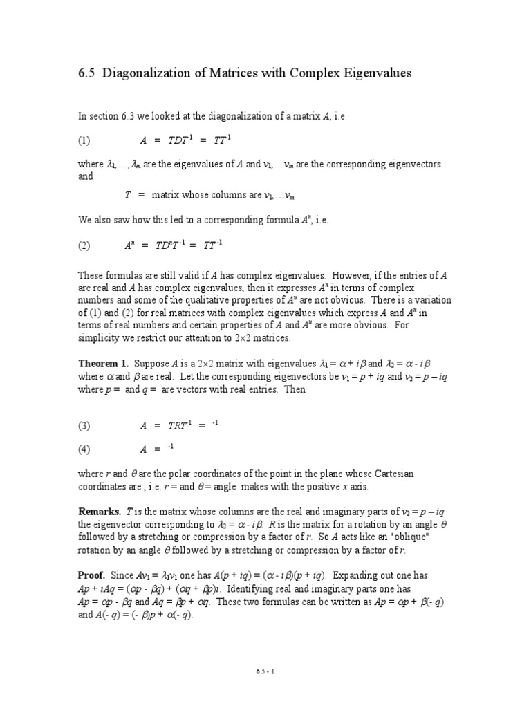 6.5 Diagonalization of Matrices With Complex Eigenvalues: A TDT | PDF ...