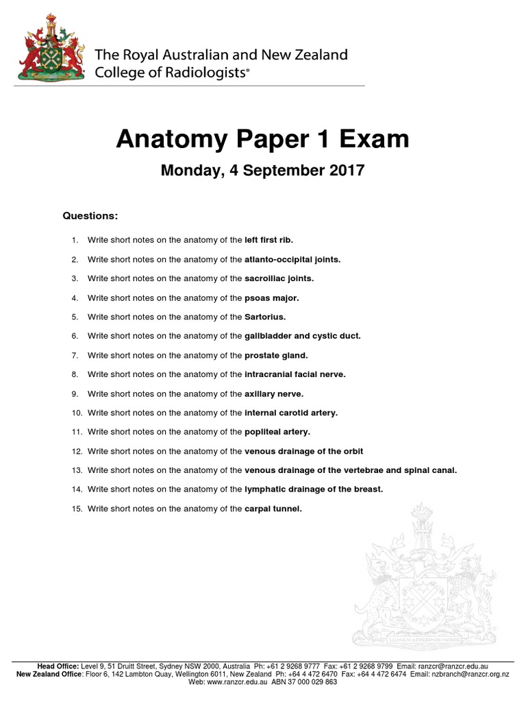 Anatomy Paper 1 Exam: Monday, 4 September 2017 | PDF
