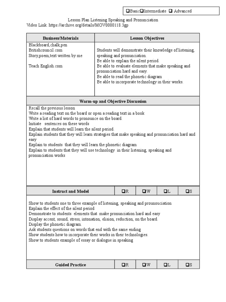 Lesson Plan Listening Speaking and Pronounciation | PDF | Lesson Plan ...