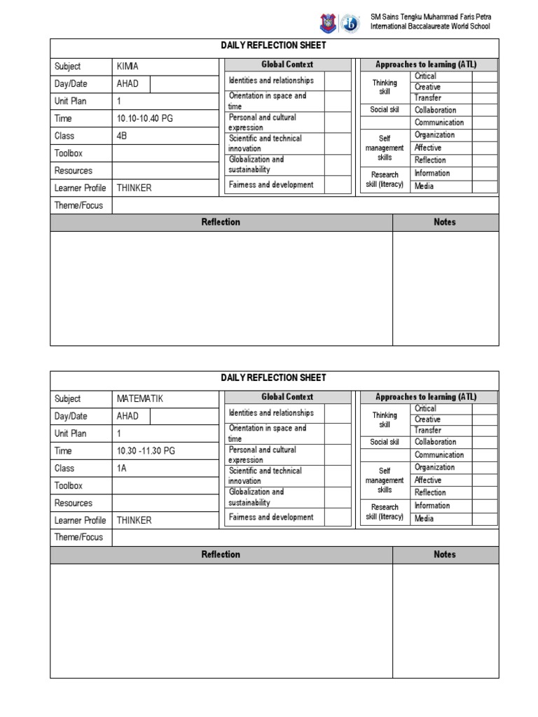 Daily Reflection Sheet: Global Context Approaches To Learning (ATL) | PDF | Pedagogy | Learning